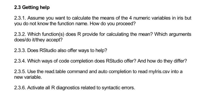 Solved 2.3.1. Assume you want to calculate the means of the | Chegg.com