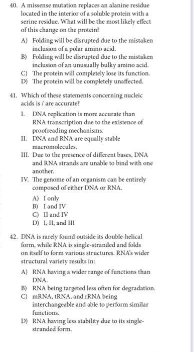 Solved 40. A missense mutation replaces an alanine residue | Chegg.com