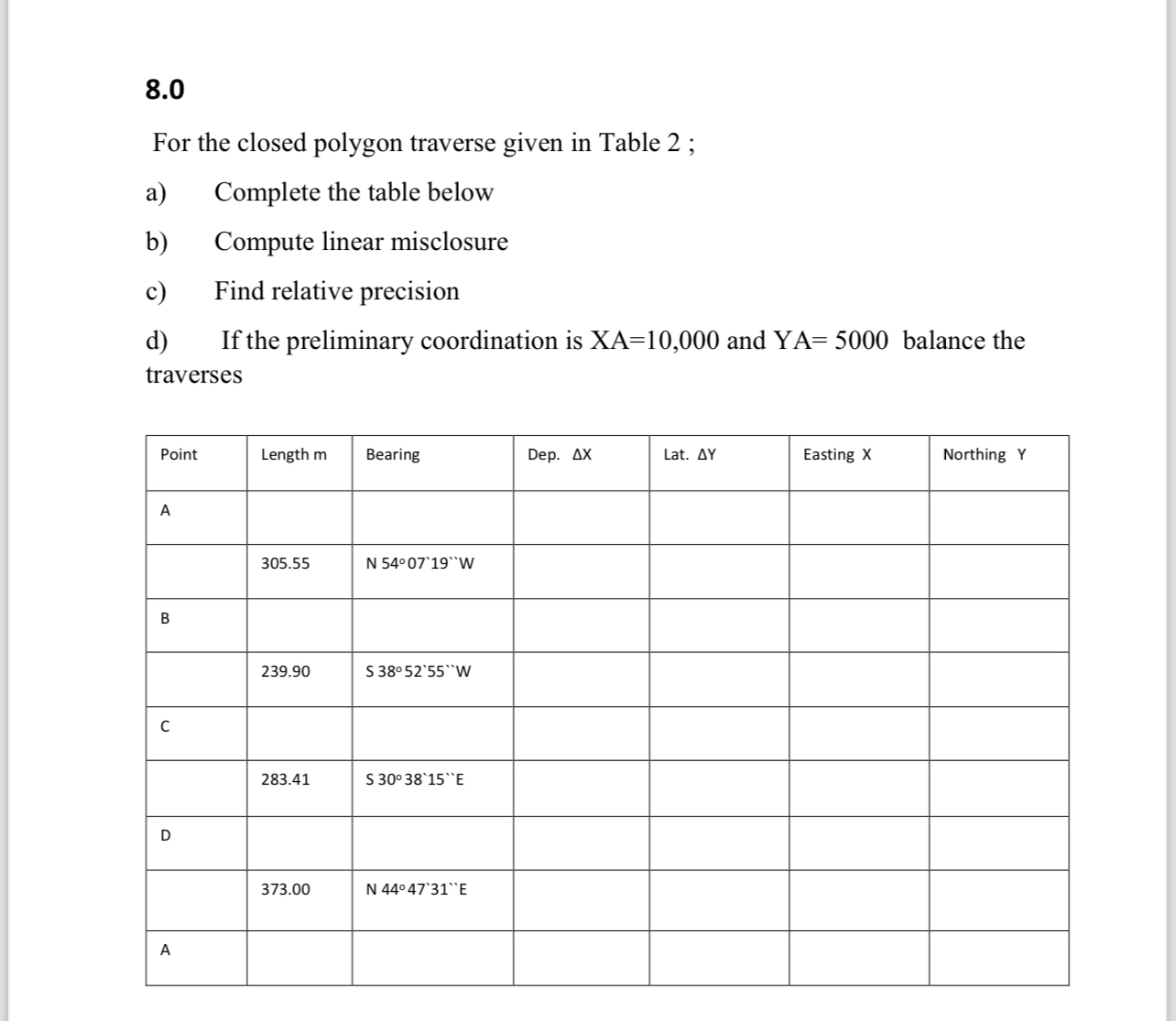 8 0for The Closed Polygon Traverse Given In Table 2