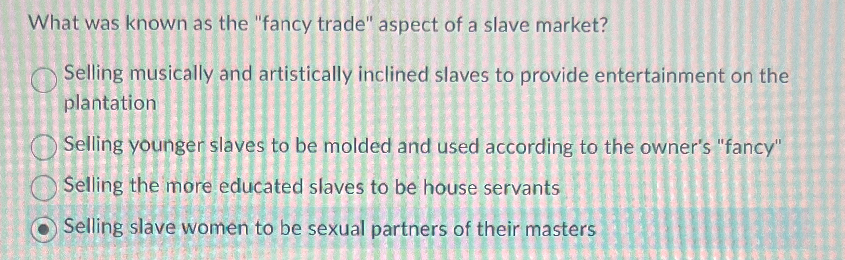 Solved What was known as the "fancy trade" aspect of a slave | Chegg.com