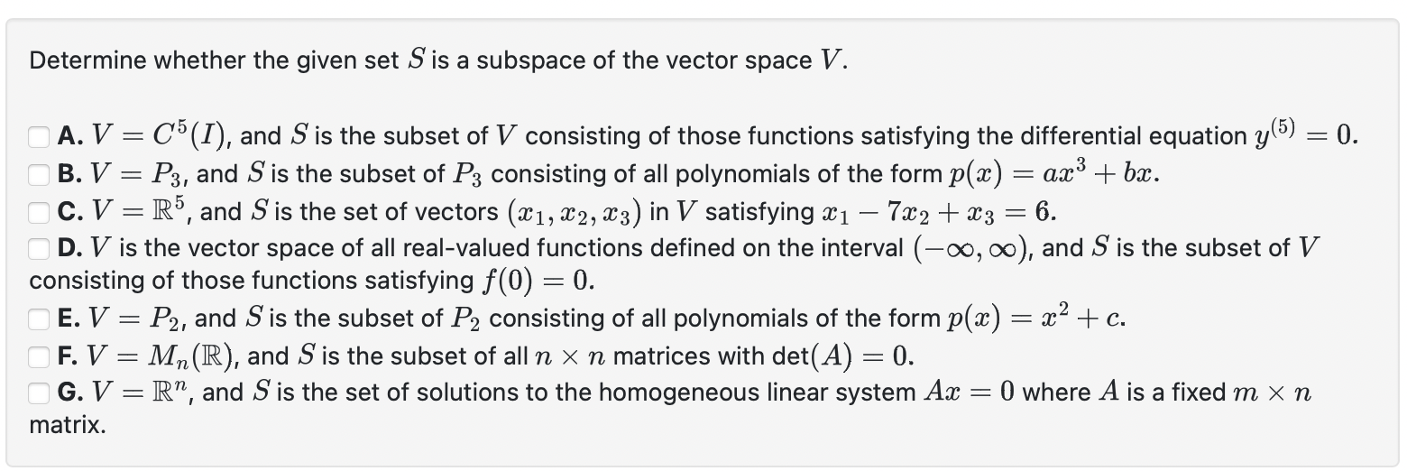 Solved Determine whether the given set S ﻿is a subspace of | Chegg.com