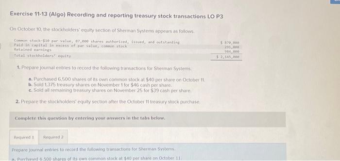Exercise 11-13 (Algo) Recording and reporting | Chegg.com