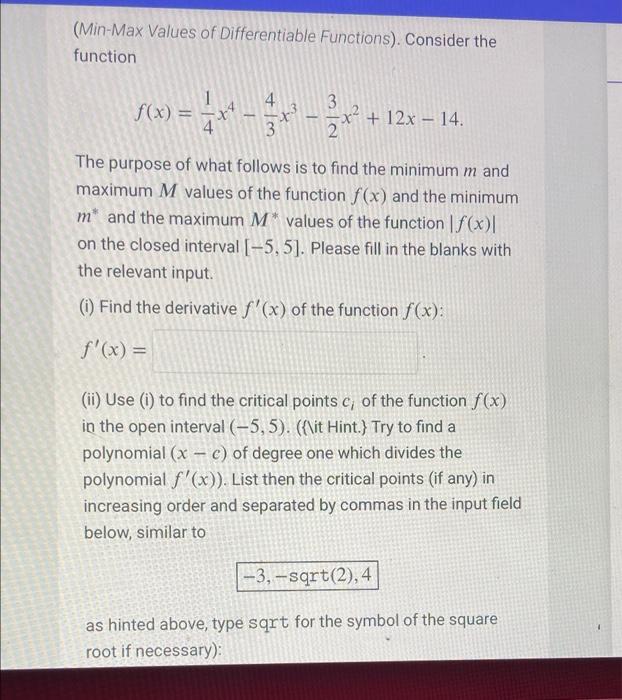 Solved (Min-Max Values of Differentiable Functions). | Chegg.com