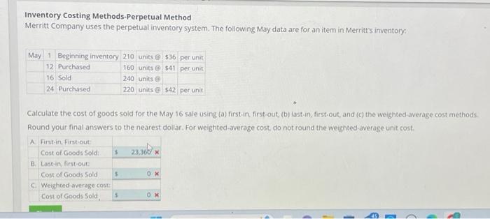 Solved Inventory Costing Methods-Perpetual Method Merritt | Chegg.com