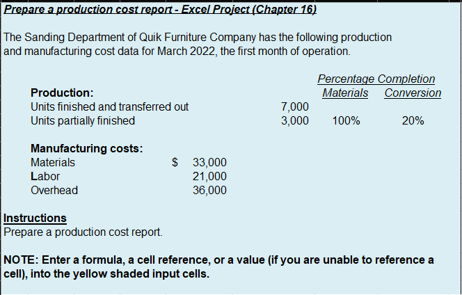 Solved Prepare a production cost report - ﻿Excel Project | Chegg.com