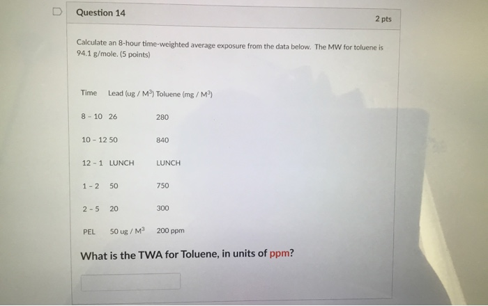 Solved Question 14 2 pts Calculate an 8-hour time-weighted | Chegg.com