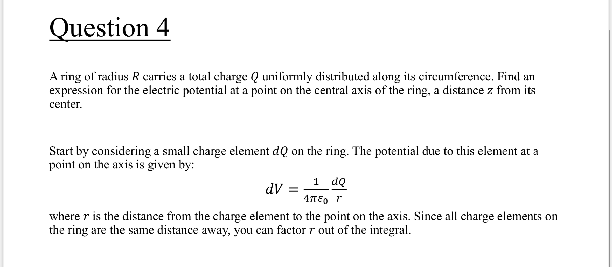 Solved Question 4A ring of radius R ﻿carries a total charge | Chegg.com