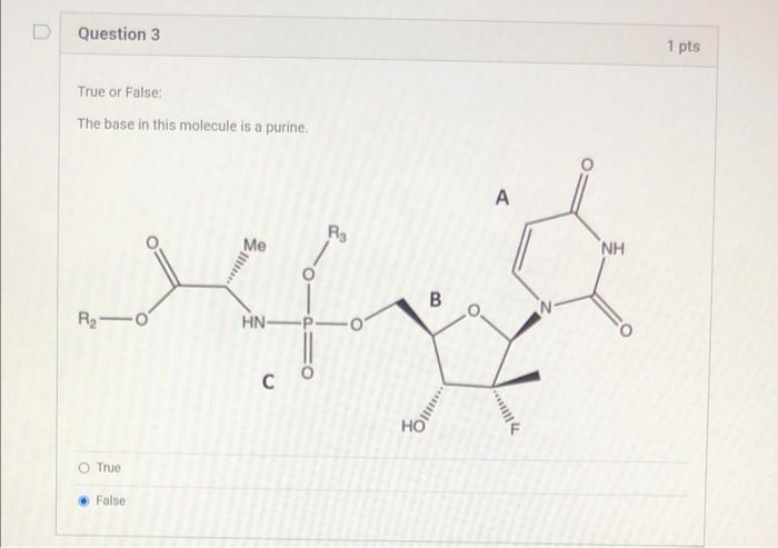 Solved True or False: The base in this molecule is a purine. | Chegg.com