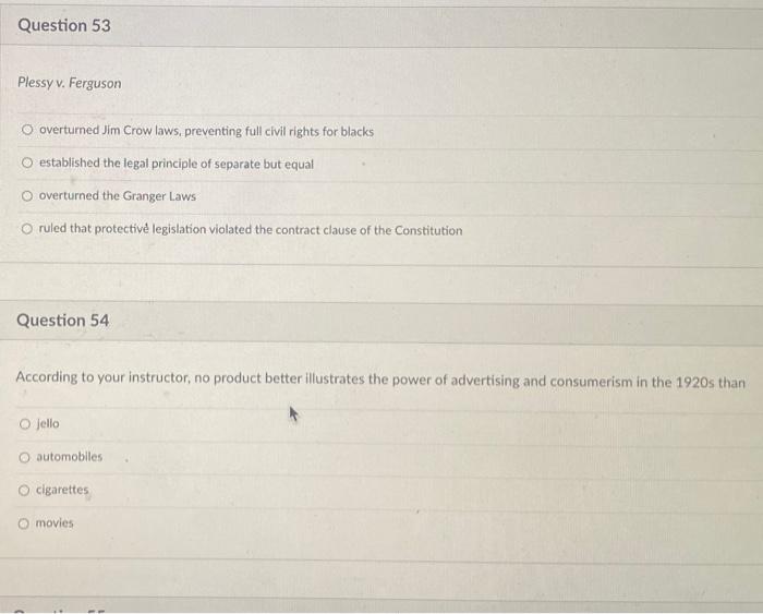 Plessy v. Ferguson overturned Jim Crow laws, | Chegg.com