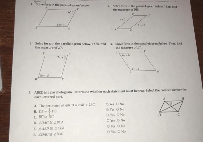 Solved 1. Solve for x in the parallelogram below. 2. Solve | Chegg.com