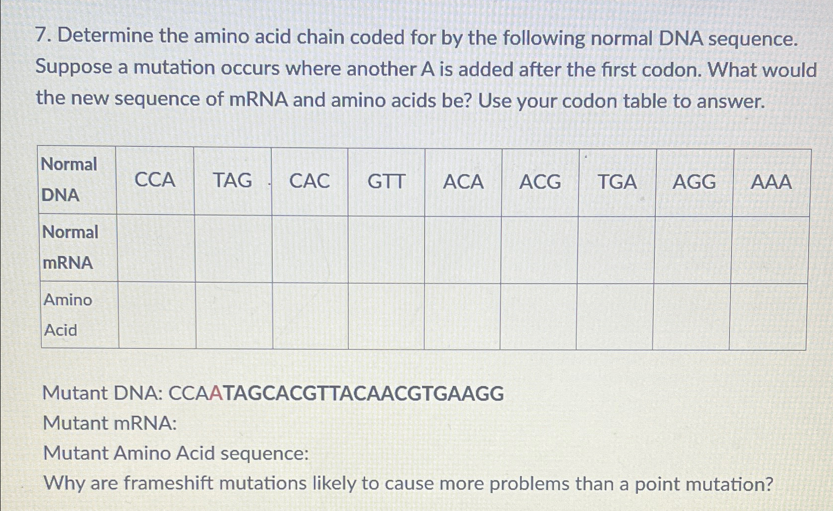 Solved Determine the amino acid chain coded for by the | Chegg.com