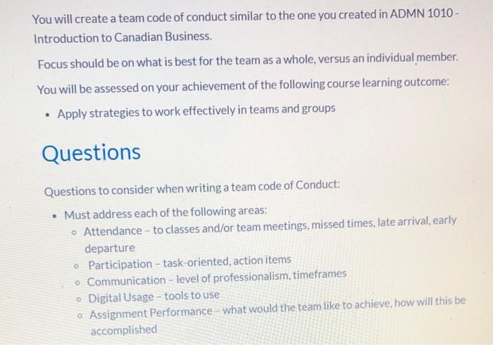 Solved You will create a team code of conduct similar to the | Chegg.com