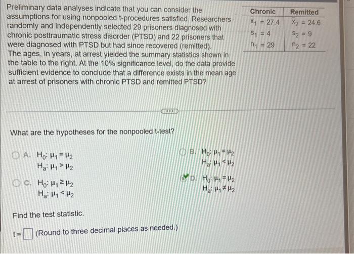 Solved Preliminary data analyses indicate that you can | Chegg.com
