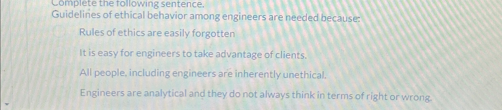Solved Complete the following sentence.Guidelines of ethical | Chegg.com