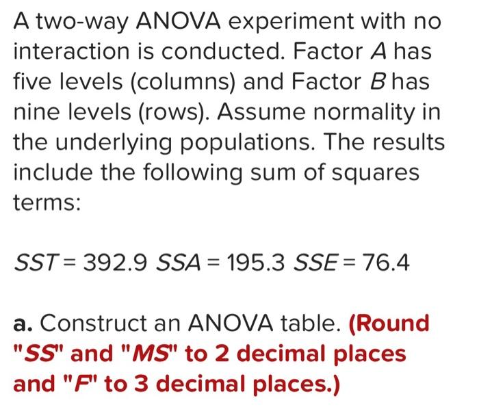 Solved A two-way ANOVA experiment with no interaction is | Chegg.com