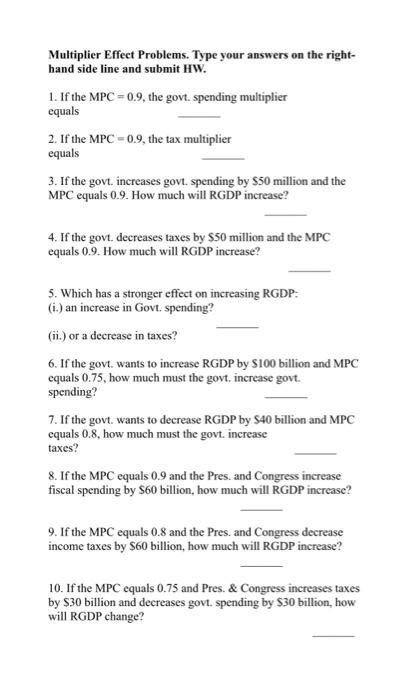 Solved Multiplier Effect Problems. Type your answers on the | Chegg.com