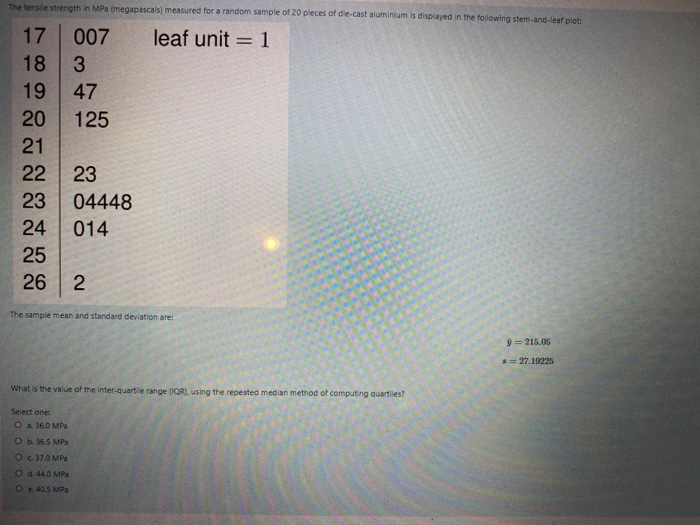 Solved The tensile strength in MPa (megapascals) measured | Chegg.com