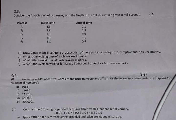 Solved Q.3:Consider the following set of processes, with the | Chegg.com