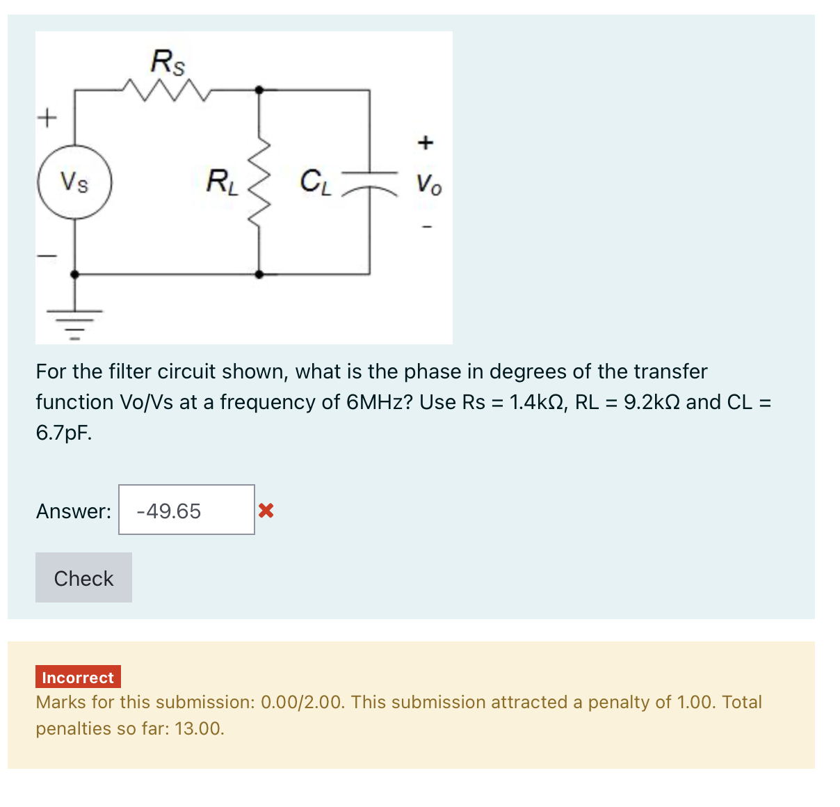 Solved For the filter circuit shown, what is the phase in | Chegg.com