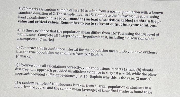 Solved 3. ( 29 marks) A random sample of size 16 is taken | Chegg.com