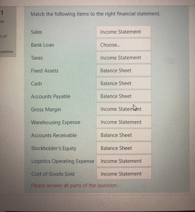 Solved Match The Following Items To The Right Financial Chegg