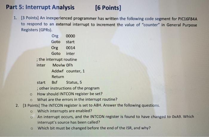 Solved Part 5: Interrupt Analysis [6 Points] 1. [3 Points) | Chegg.com