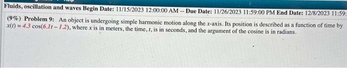 Solved (9\%) Problem 9: An object is undergoing simple | Chegg.com