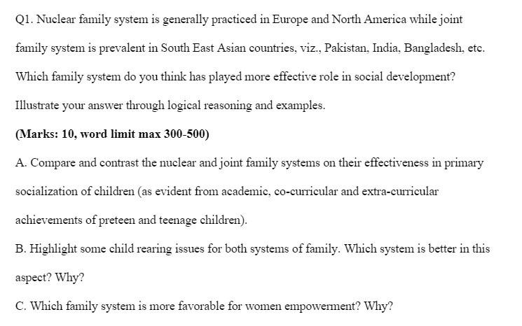 Q1. Nuclear family system is generally practiced in | Chegg.com