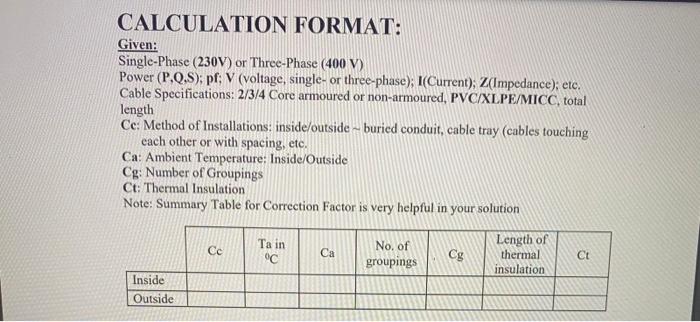Solved CALCULATION FORMAT: Given: Single-Phase (230V) or | Chegg.com