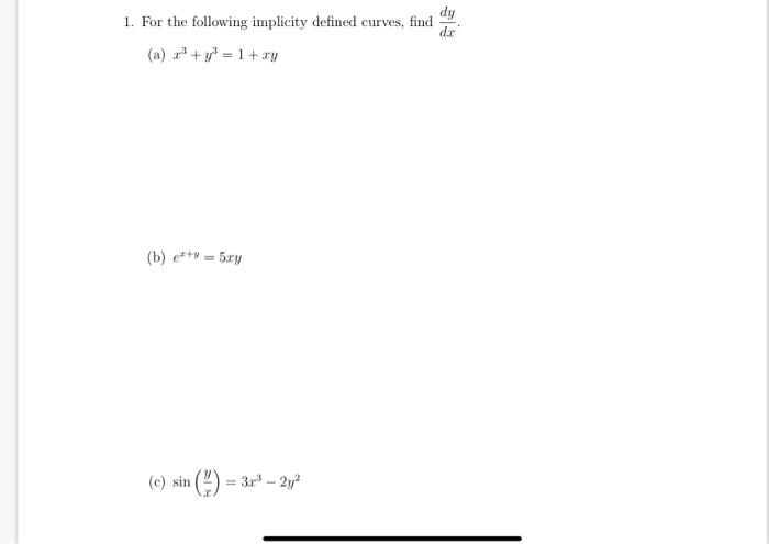 Solved Dy 1 For The Following Implicity Defined Curves 