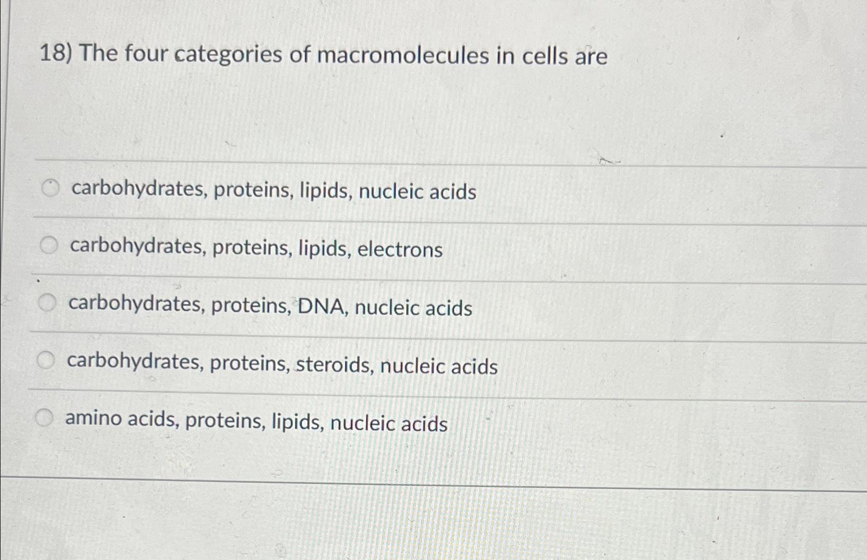 Solved The four categories of macromolecules in cells | Chegg.com