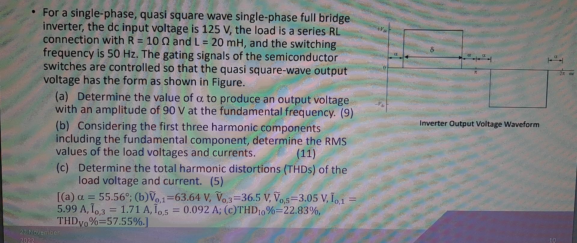 Solved For a single-phase, quasi square wave single-phase | Chegg.com