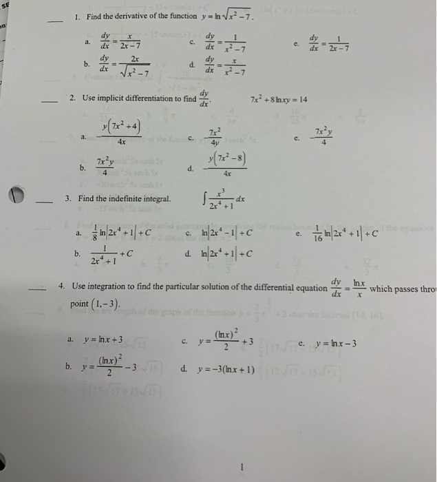 Solved Se 1 Find The Derivative Of The Function Y Inx 7 Dy Chegg