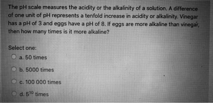 Solved The pH scale measures the acidity or the alkalinity | Chegg.com