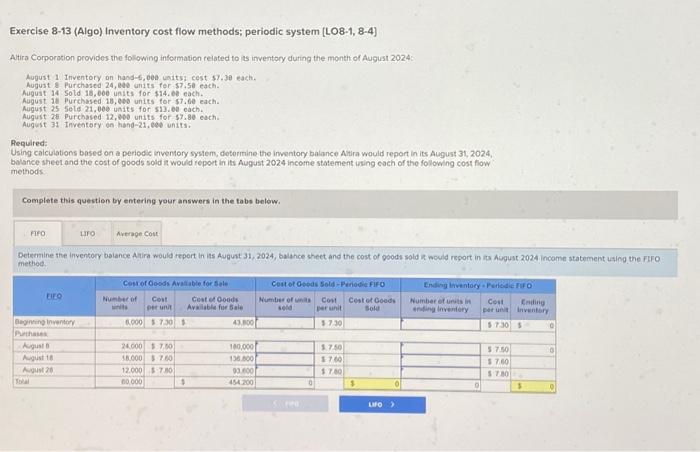 Solved Exercise 8-13 (Algo) Inventory cost fiow methods; | Chegg.com