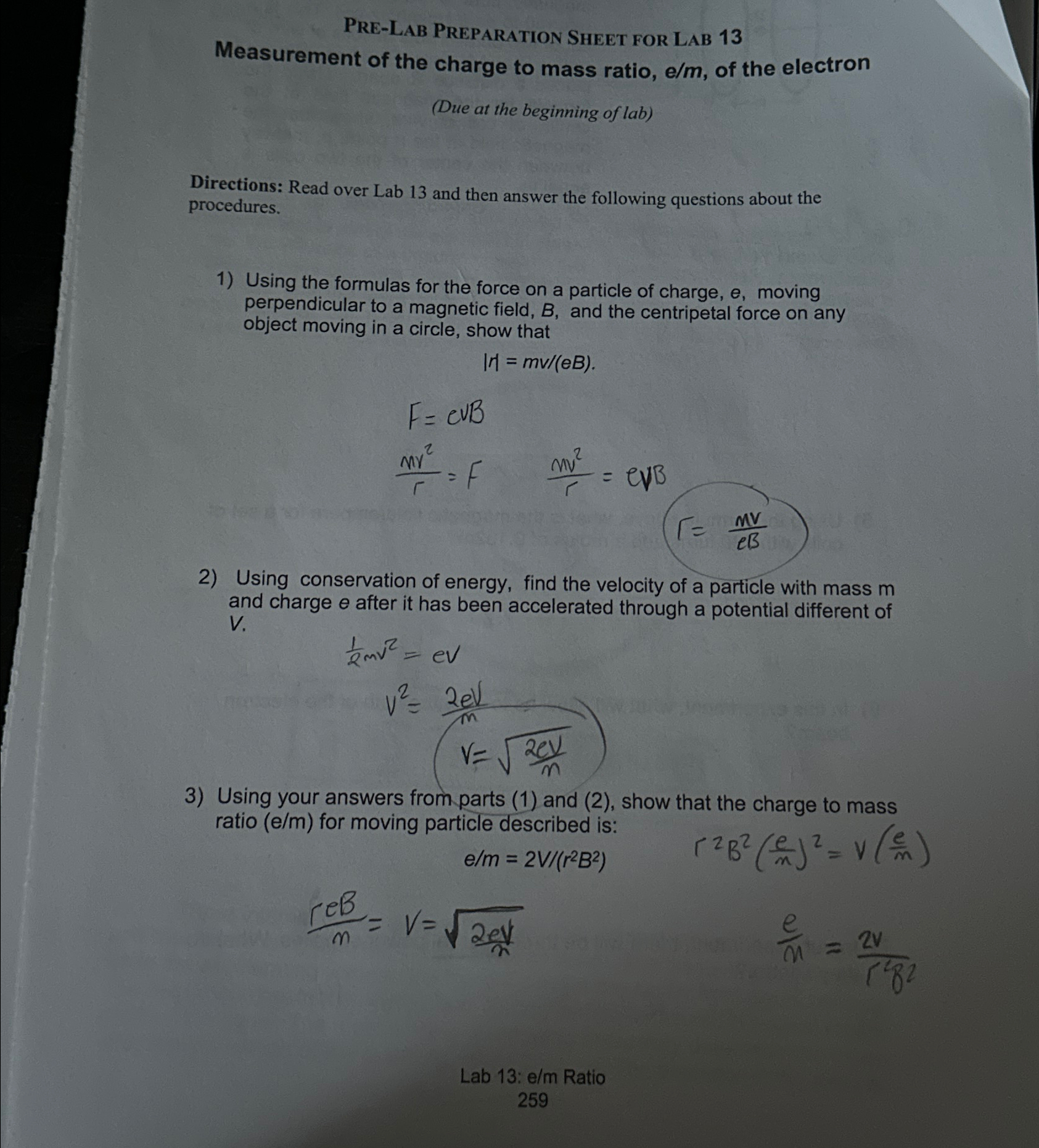 Solved Pre-Lab Preparation Sheet for LaB 13Measurement of | Chegg.com