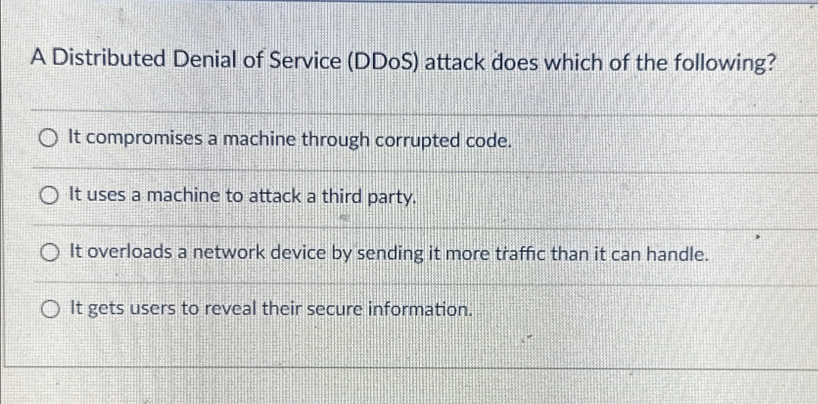 Solved A Distributed Denial of Service (DDoS) ﻿attack does | Chegg.com