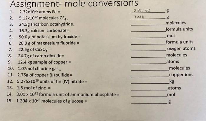 Solved Assignment- mole conversions 2151.62 7.48 1. | Chegg.com