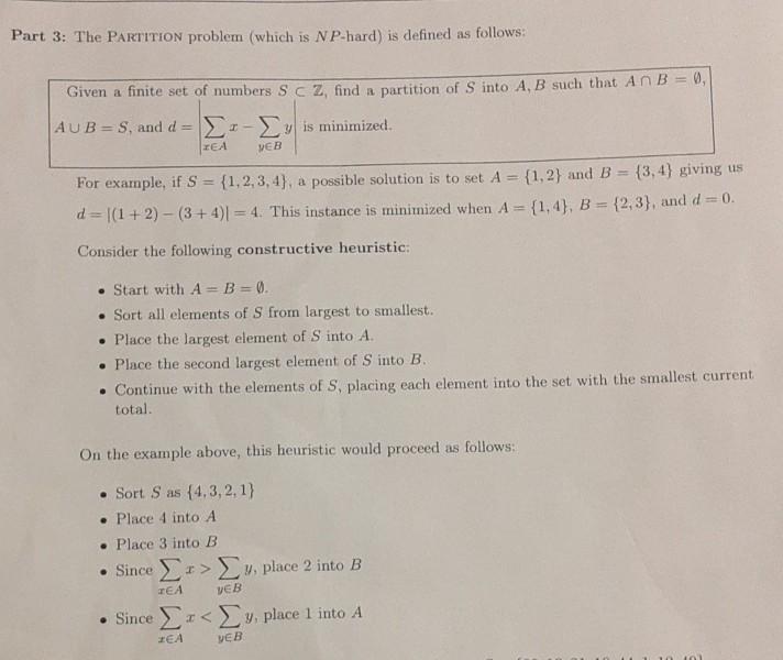 Part 4: With regards to the PARTITION problem defined | Chegg.com