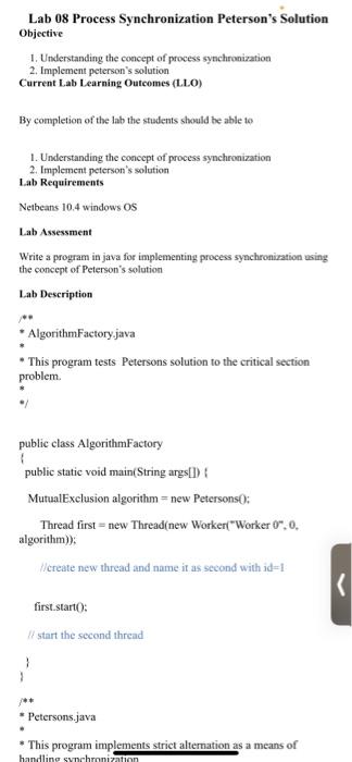 Lab 08 Process Synchronization Peterson's Solution | Chegg.com
