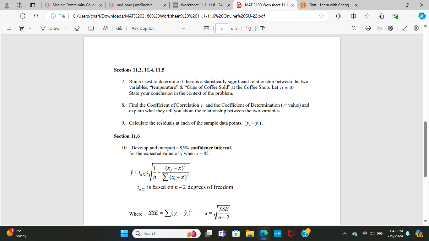 Solved Sections 11.3, 11.4, 11.5 ﻿Develop and interpret a | Chegg.com