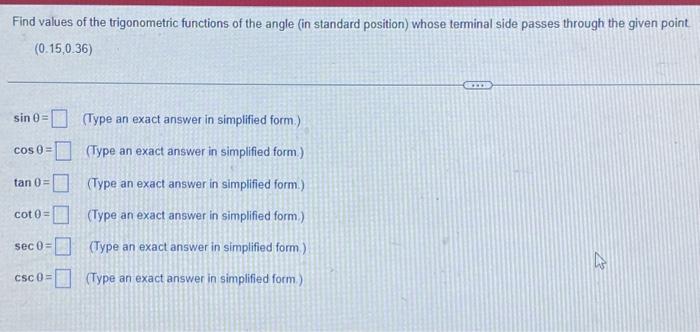 Solved Find values of the trigonometric functions of the | Chegg.com