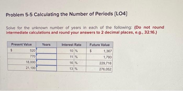 Solved Problem 5-5 Calculating the Number of Periods [LO4] | Chegg.com