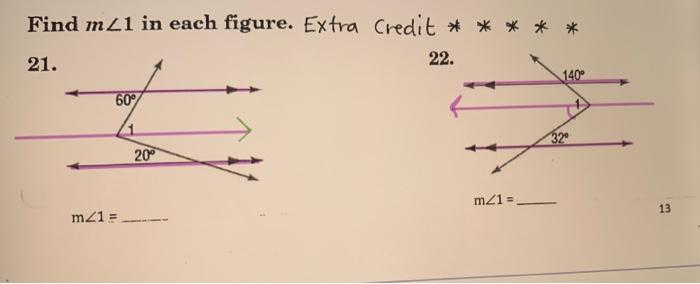 Solved Find m∠1 in each figure. Extra Credit * * ∗∗∗ 2 m∠1= | Chegg.com