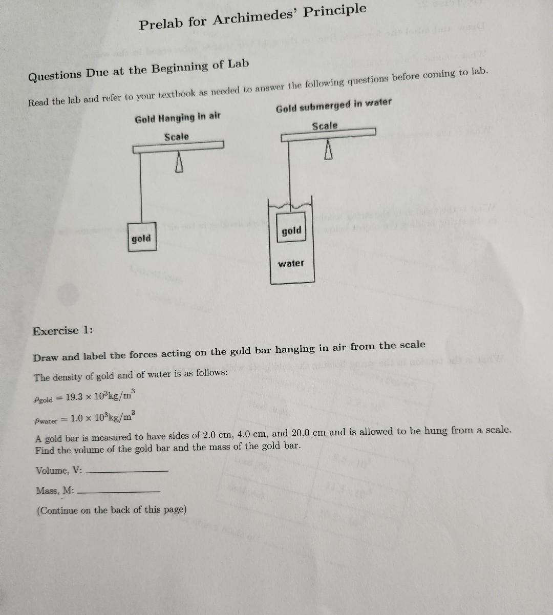 Solved Prelab for Archimedes' Principle Questions Due at the | Chegg.com