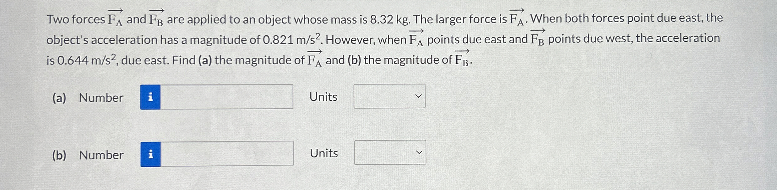 Solved Two forces vec(FA) ﻿and vec(FB) ﻿are applied to an | Chegg.com