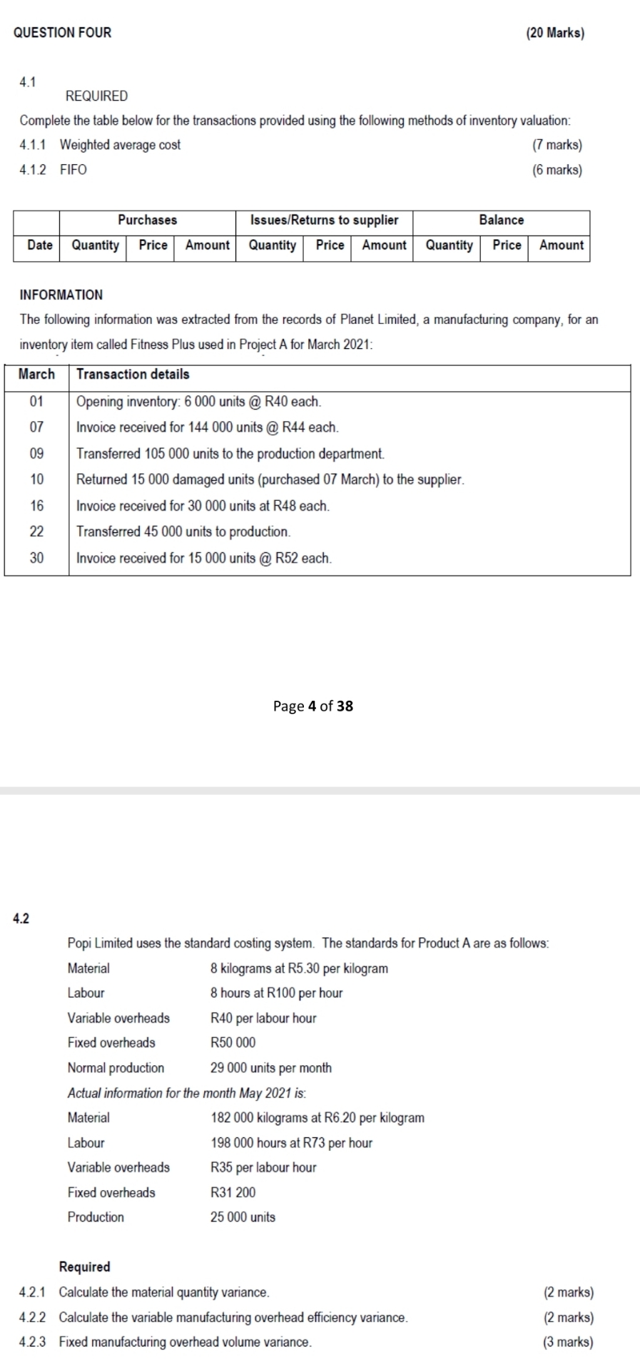 Solved QUESTION FOUR(20 ﻿Marks)4.1REQUIREDComplete the table | Chegg.com