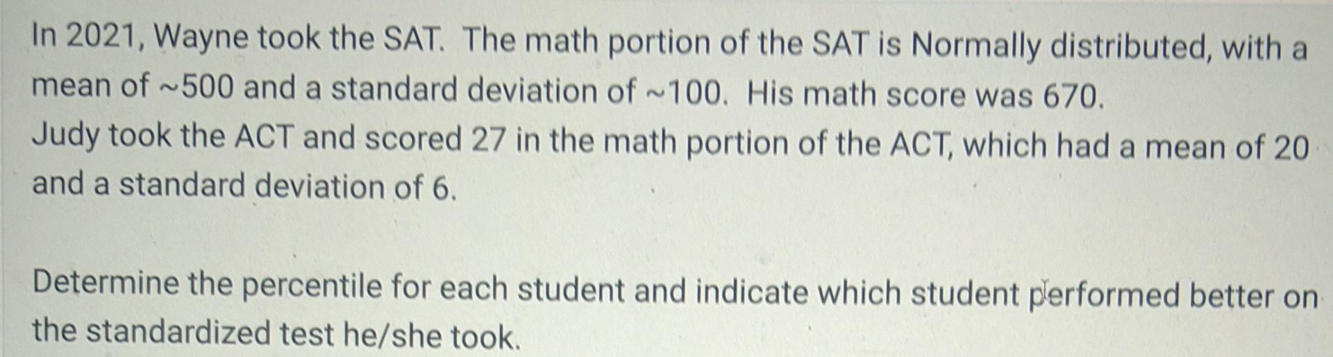 Solved In 2021, Wayne took the SAT. The math portion of the | Chegg.com