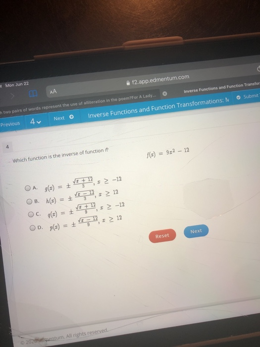 Solved 12.app.edmentum.com Mon Jun 22 AA Inverse Functions | Chegg.com