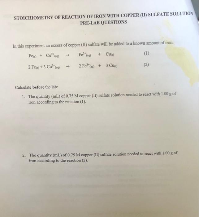Solved STOICHIOMETRY OF REACTION OF IRON WITH COPPER (II) | Chegg.com